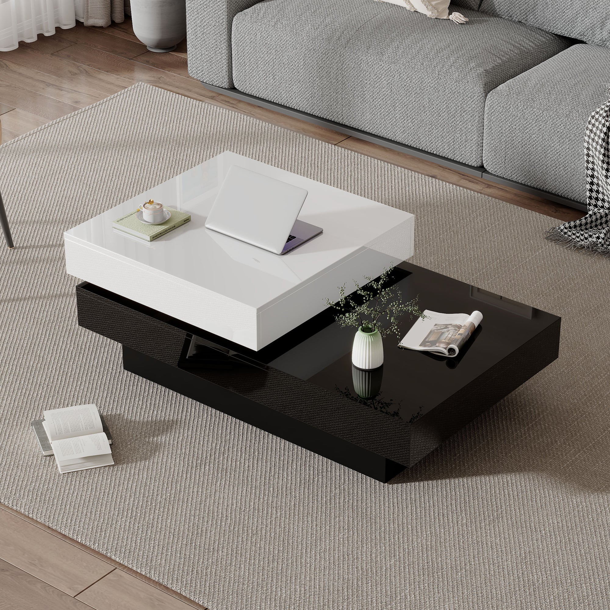 Table Basse Pivotante 360° Moderne avec Base Noire et Laquée Blanche ...