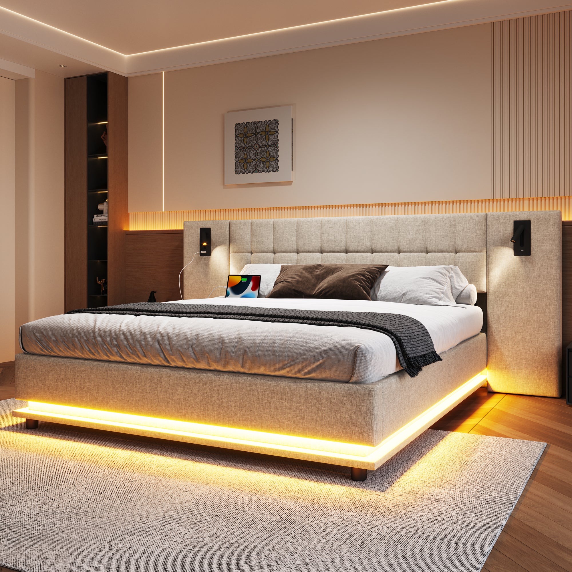 Lit capitonné, 180 x 200 cm, avec bande LED, tête de lit avec spot ...