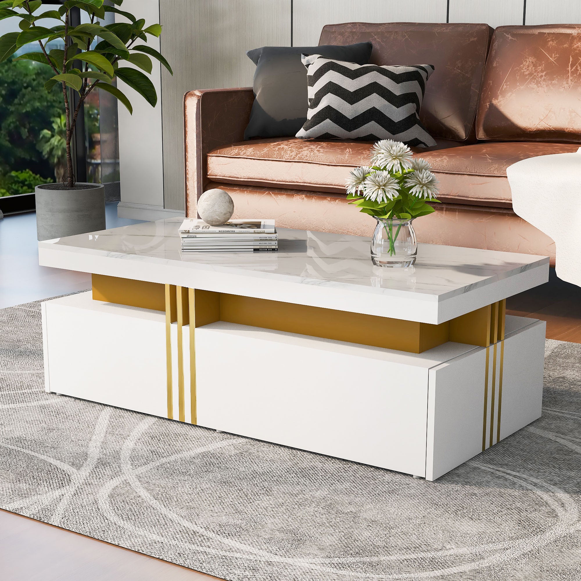 Table basse rectangulaire moderne, plateau brillant avec 2 tiroirs en ...