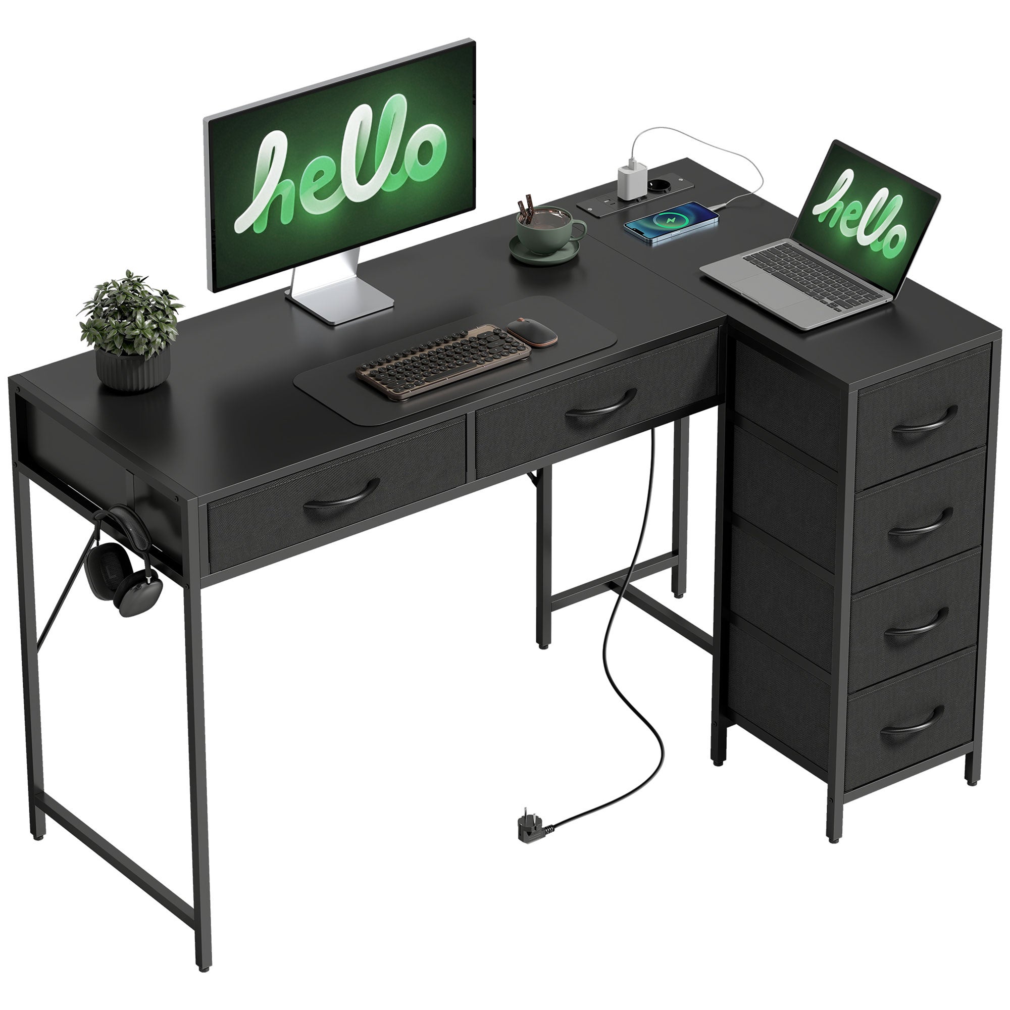Bureau angle 6 tiroirs crochet latéral douilles intégrées bois acier ...