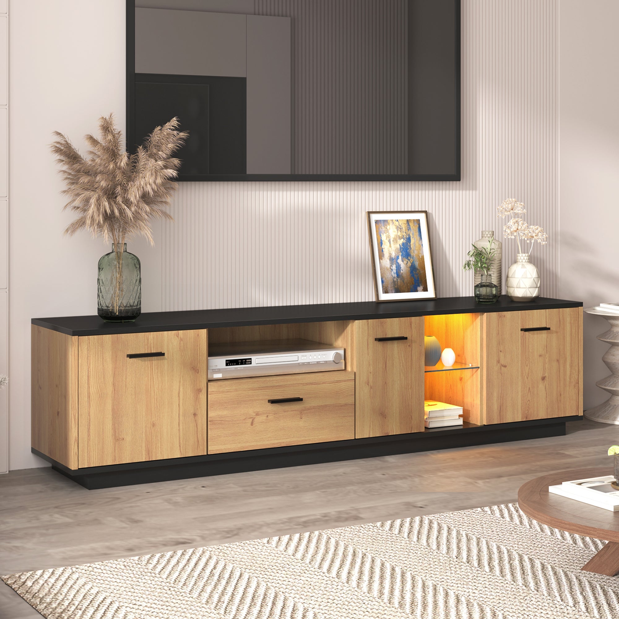 Meuble TV 180cm avec LED - 1 tiroir 3 portes 2 compartiments - Naturel ...