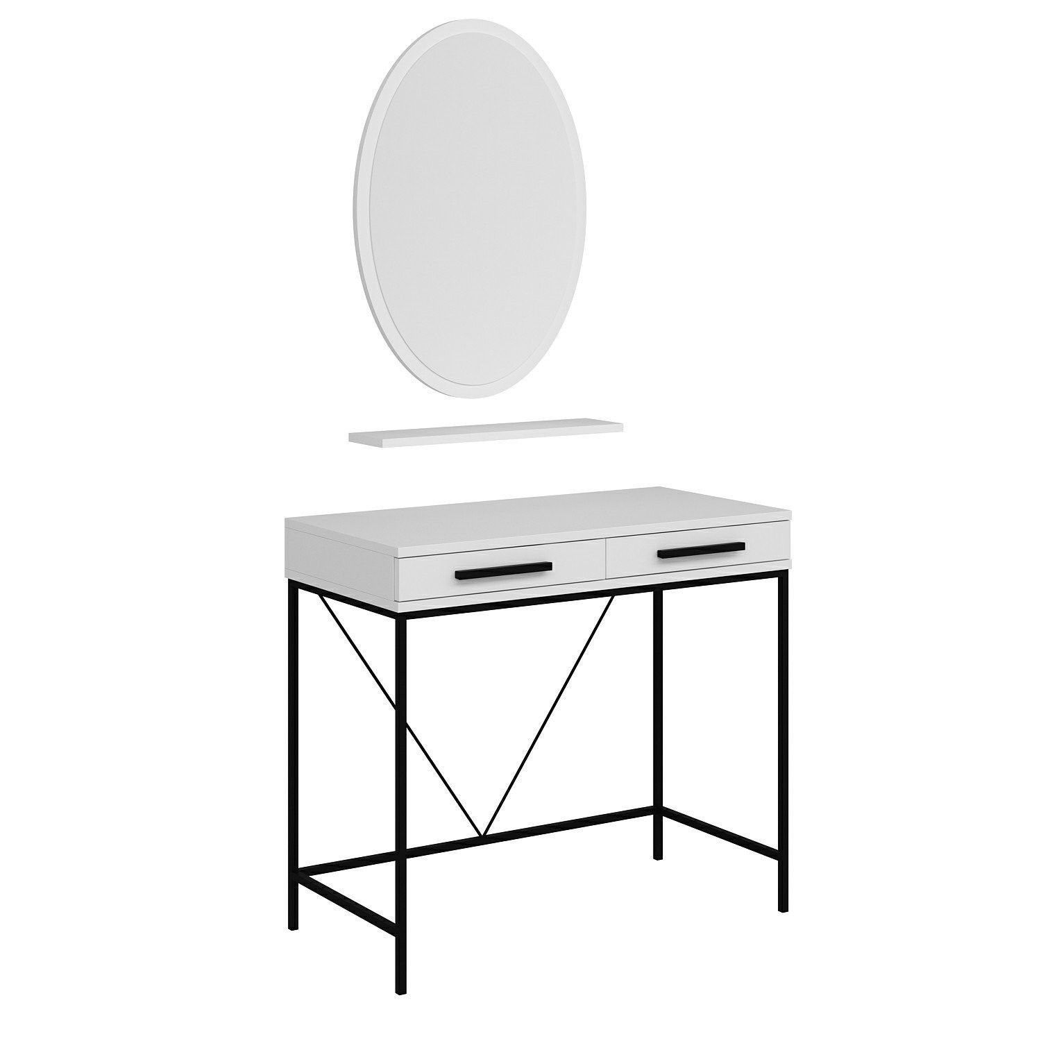 Coiffeuse moderne 2 tiroirs avec étagère et miroir Sinane Blanc et Noir ...