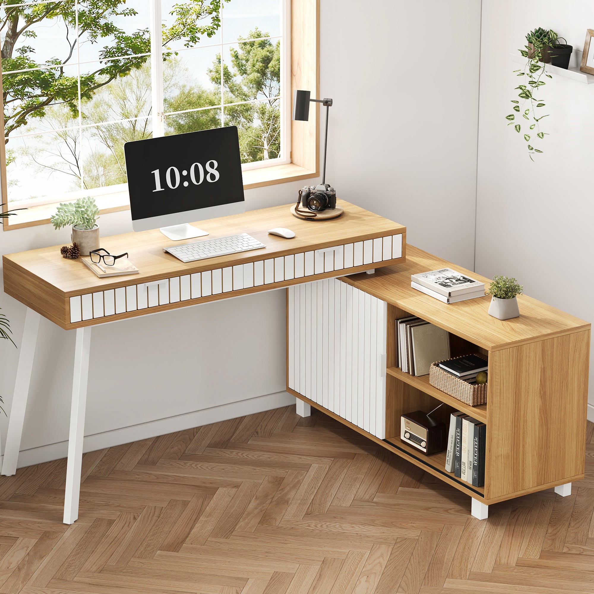 Bureau d'Angle 140x120x76.5 cm, 2 Tiroirs, Placard, Métal/MDF, Blanc ...