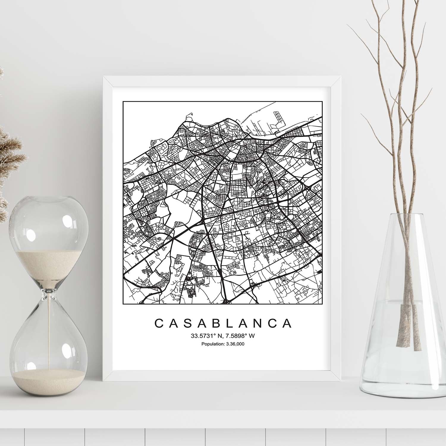 Casablanca City Map Sheet Nordic Style En Noir Et Blanc. A4 Sans Cadre ...
