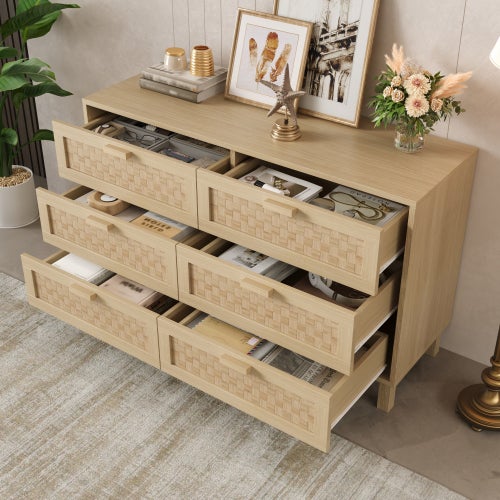 Commode 120x40x75 cm avec 6 tiroirs, espace de rangement, couleur chêne ...