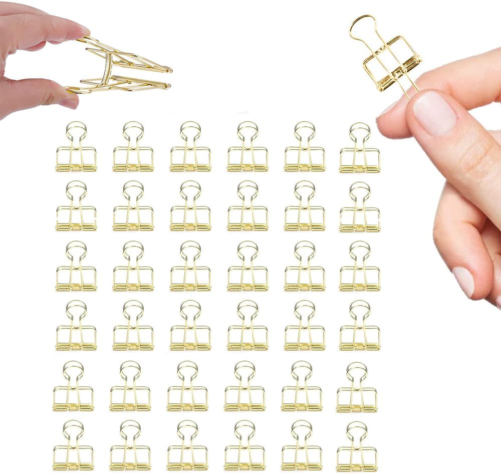 Paquete de 36 clips pequeños para carpetas (1,9 cm, dorados, huecos ...