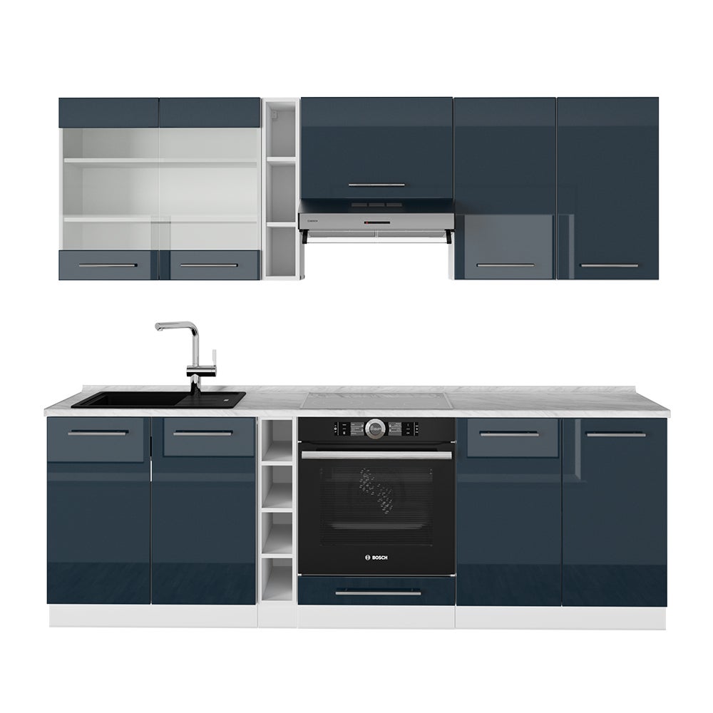 Vicco Kitchenette Fame-Line, bleu foncé brillant/blanc, 235cm sans PT ...