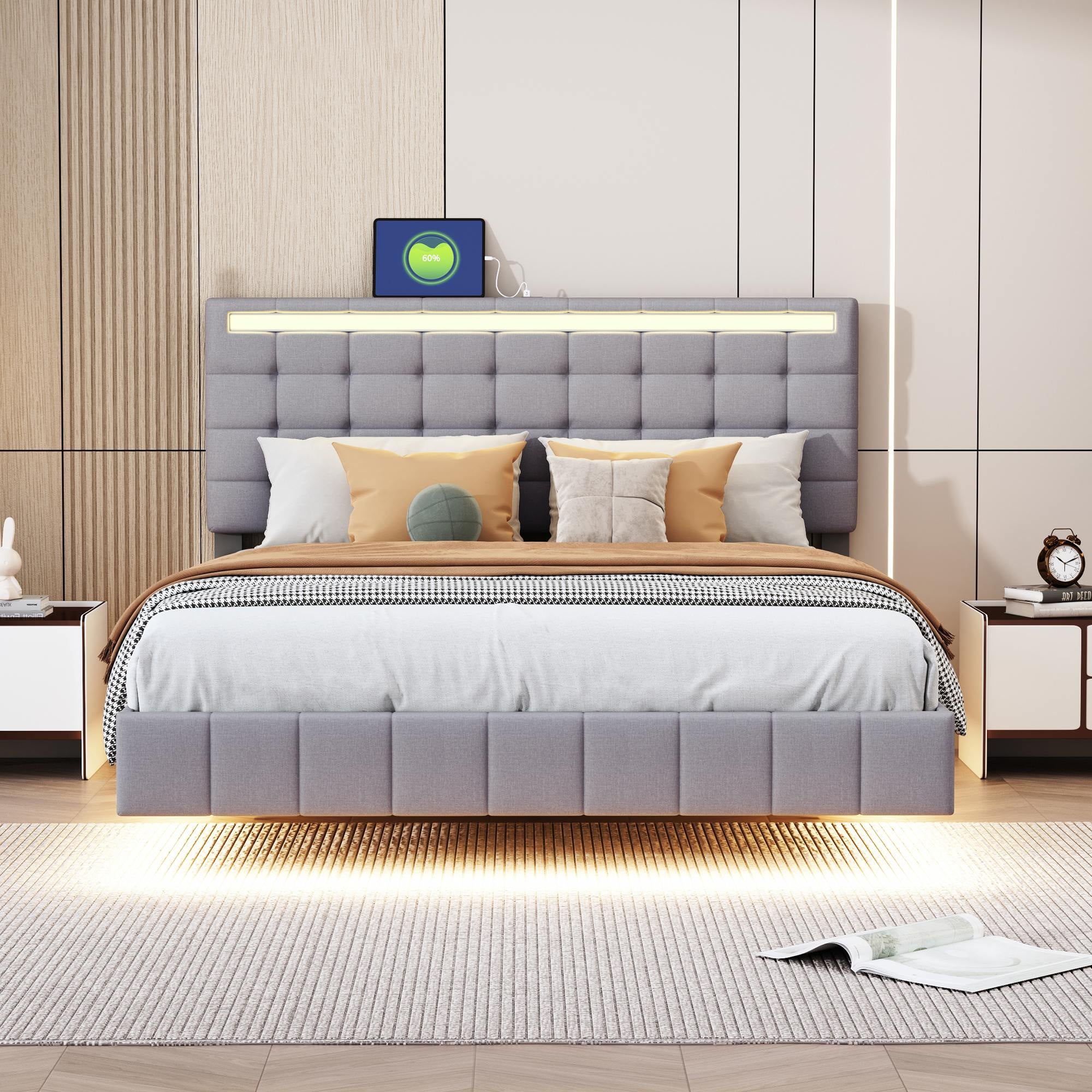 Lit Polster 140x200 cm - Cadre suspendu avec LED, tête de lit design ...