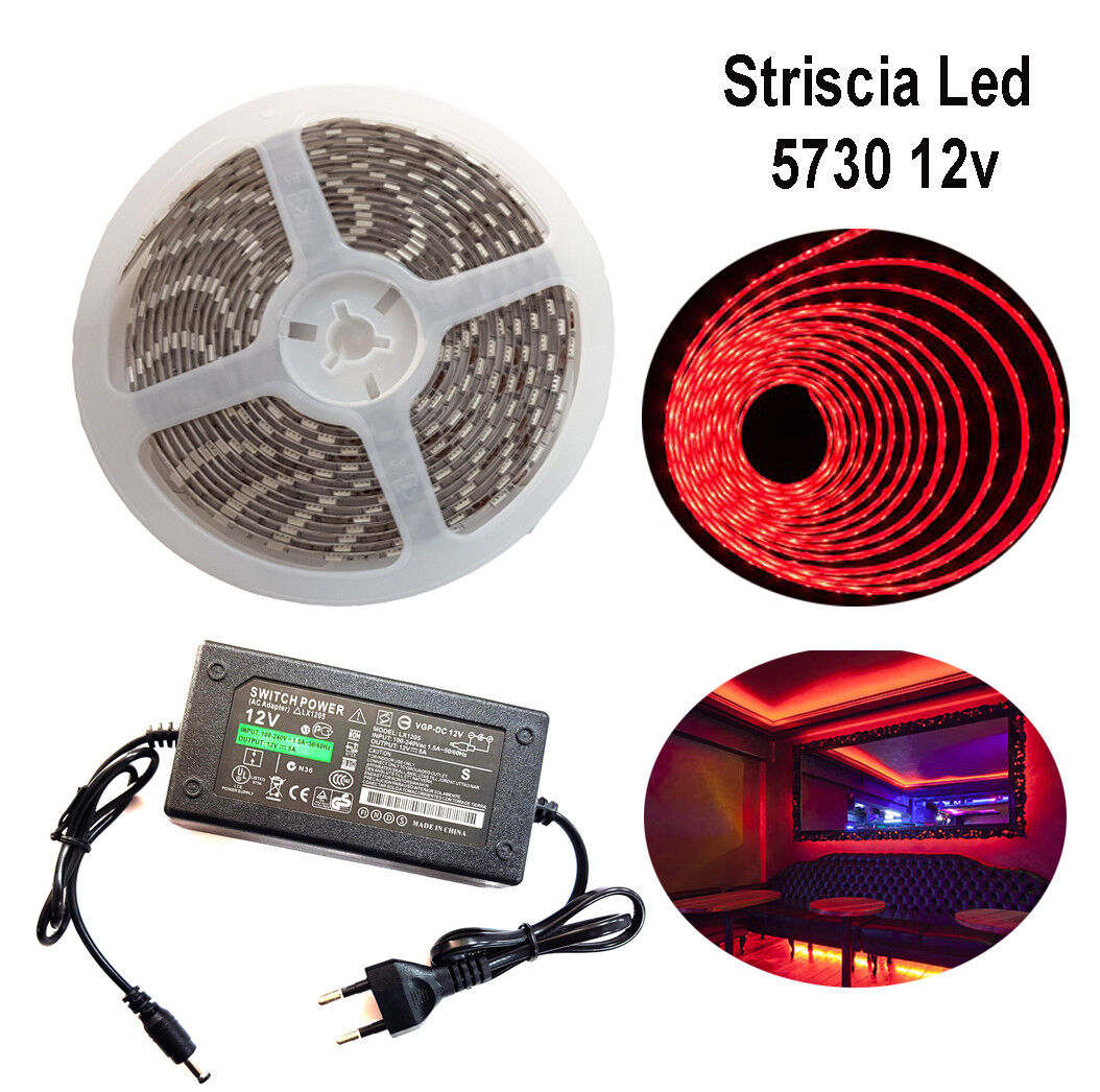 STRISCIA STRIP LED 5730 5M ADESIVA LUCE IP65 ALIMENTATORE 12V 5A ROSSO ...