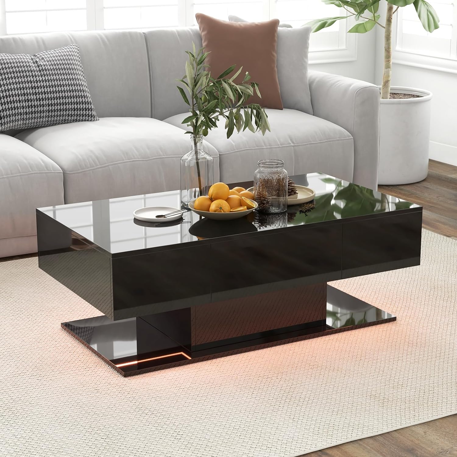 Mesa de Centro con LED Moderna, Mesa Baja Rectangular de 2 Niveles con 2 Cajones de ...