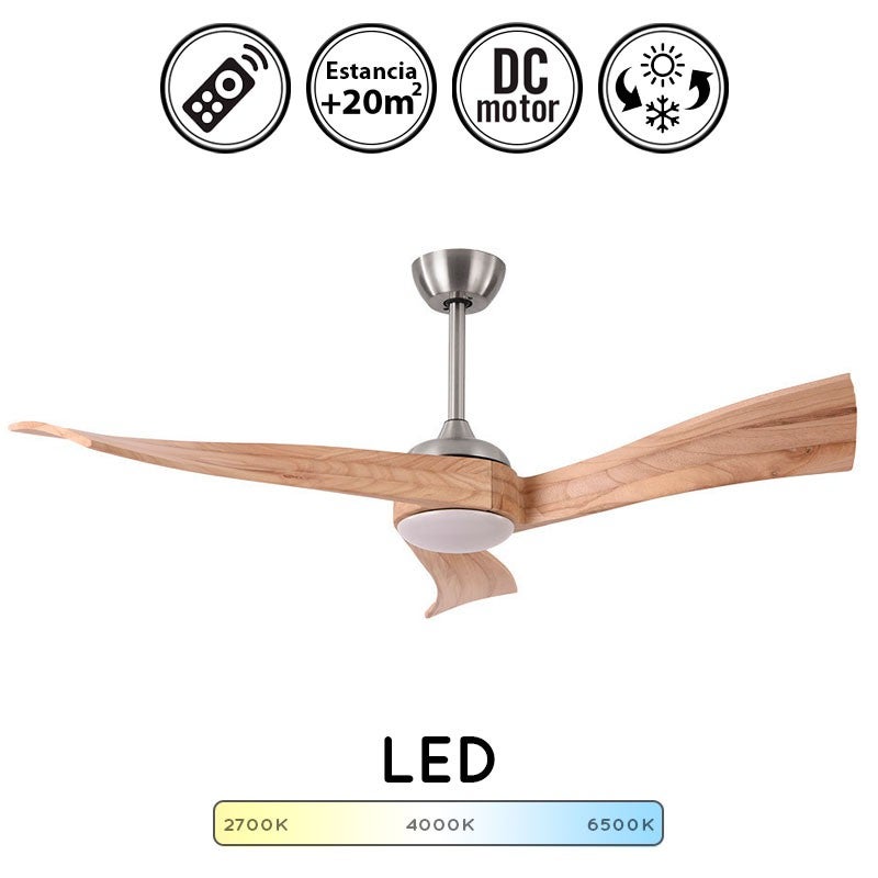 Ventilador techo madera con luz y motor DC Janubi color niquel | Leroy ...