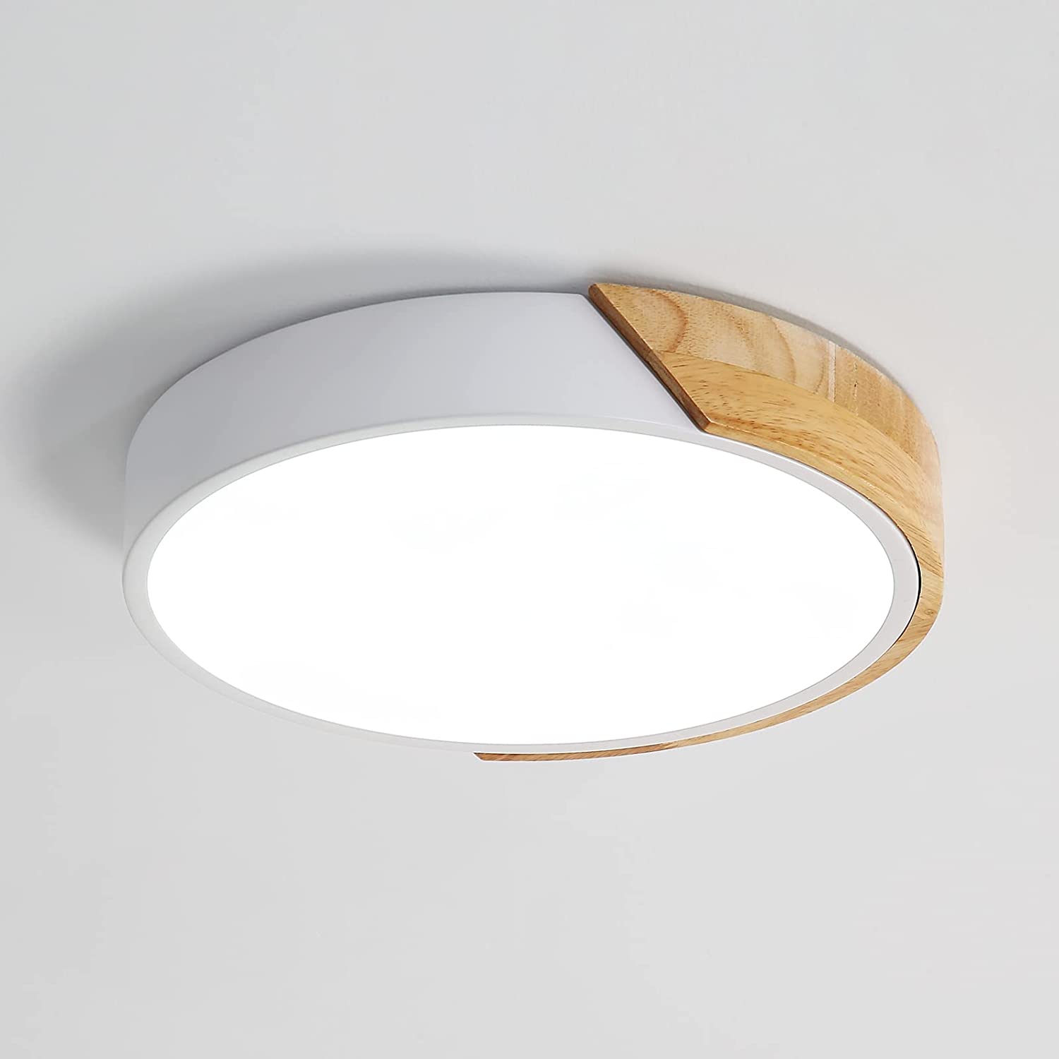 GOECO LED Plafonnier Bois Rond 24W, Intérieur Luminaires plafond 6500K ...