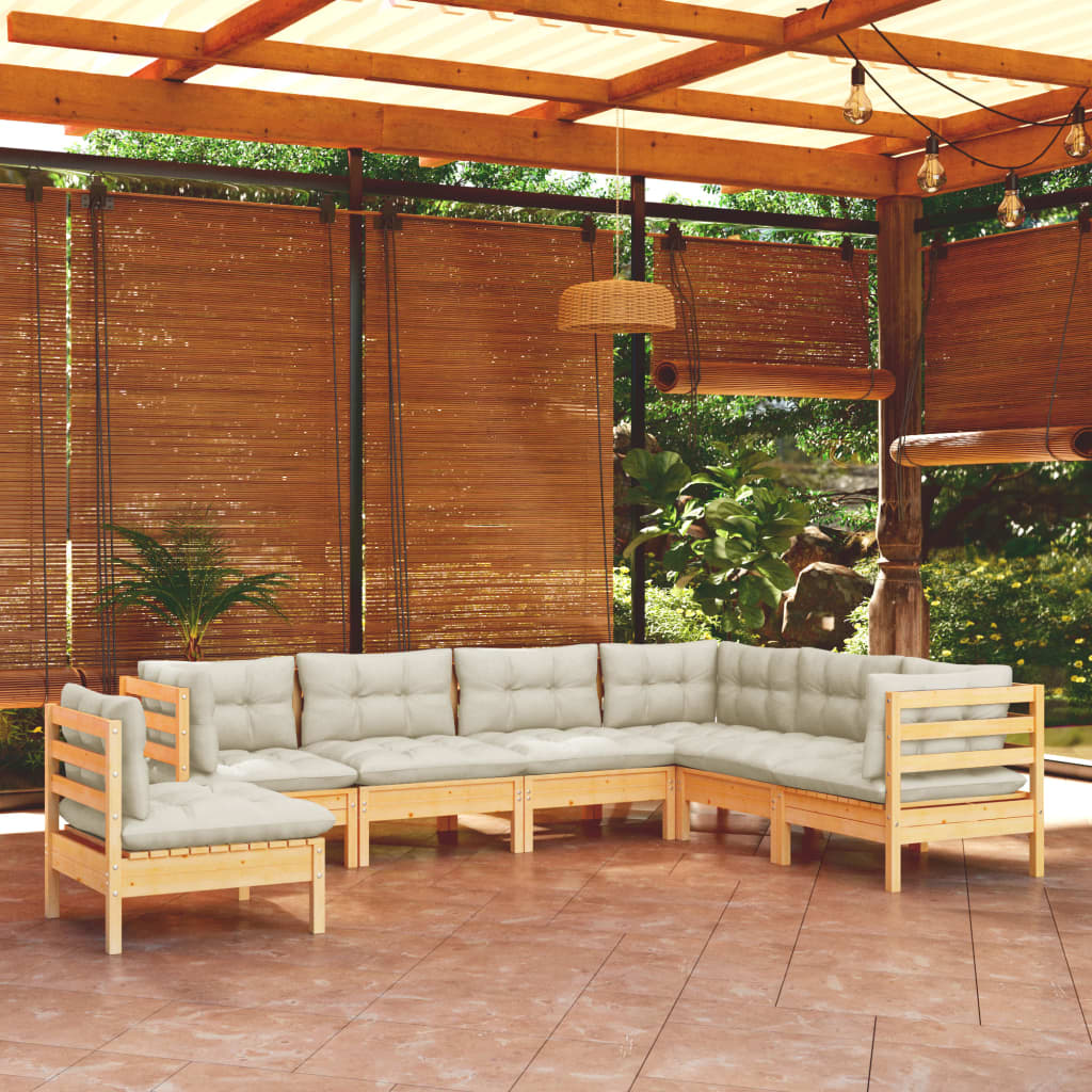 Muebles de jardín de 7 piezas con cojines color crema en madera maciza ...