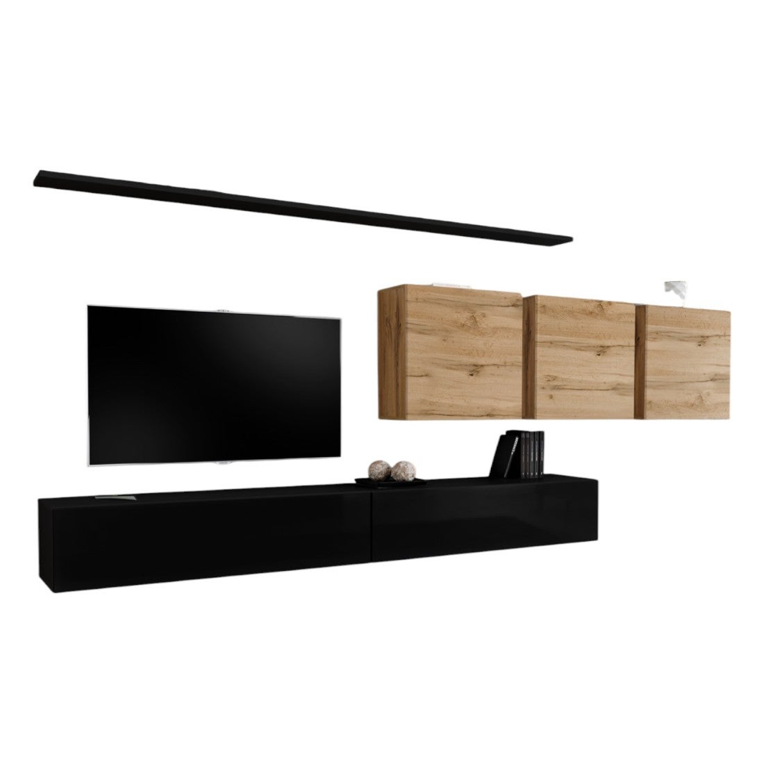 Ensemble meuble salon SWITCH VII design, coloris noir brillant et chêne ...