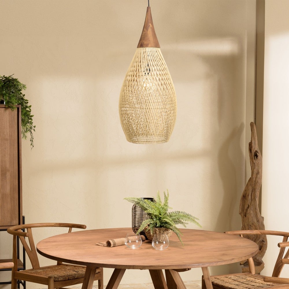 SIXTINE - Suspension 'goutte' 35x35cm bois de teck et rotin naturelle ...