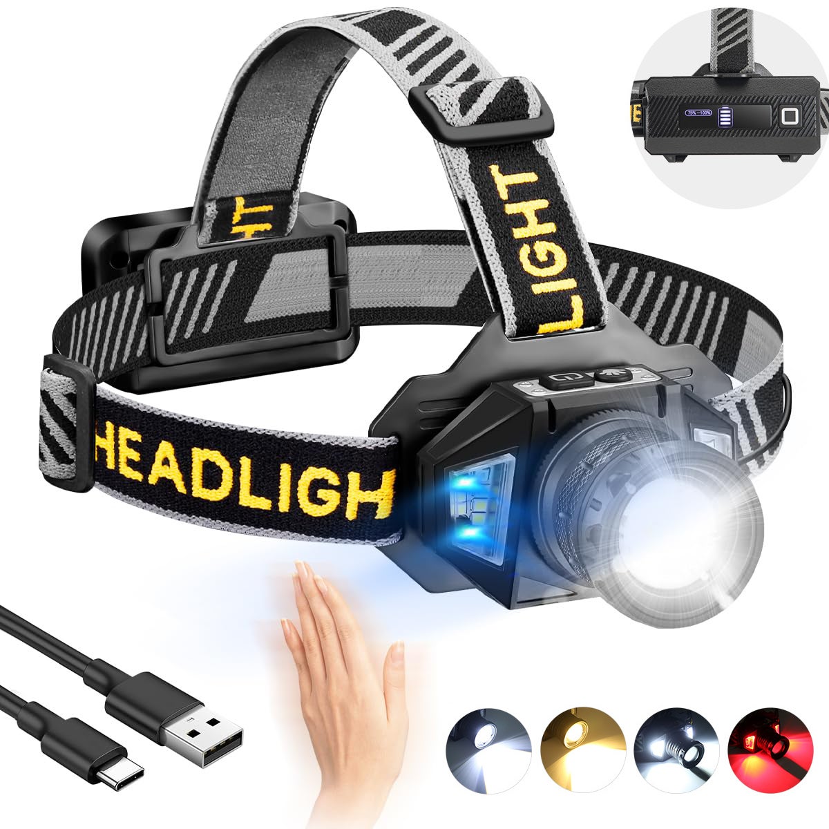 Linterna frontal LED, linterna frontal a batería con sensor de ...