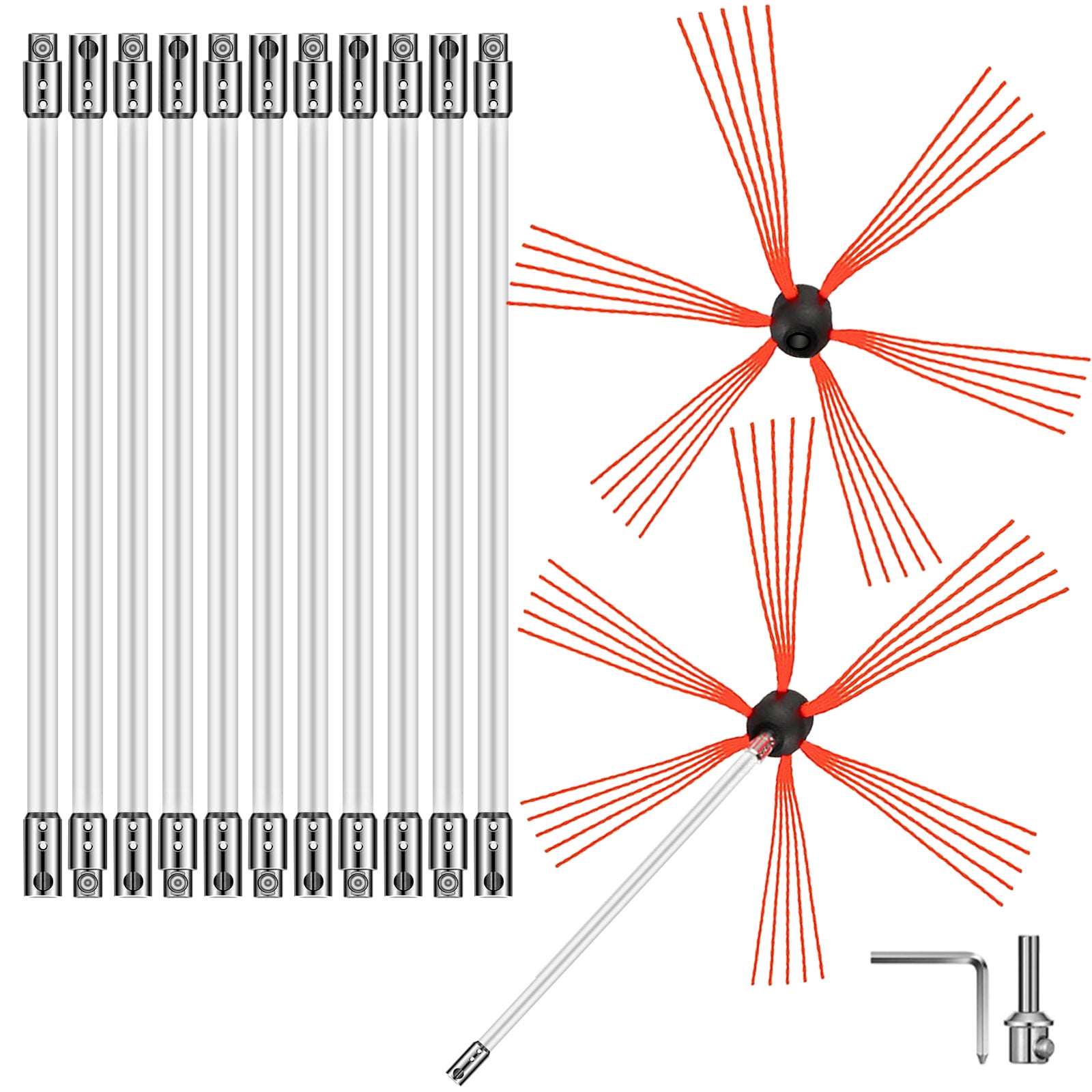 Kit tiges de ramonage 39FT, nylon, 2 têtes de brosse, 12 tiges blanches ...