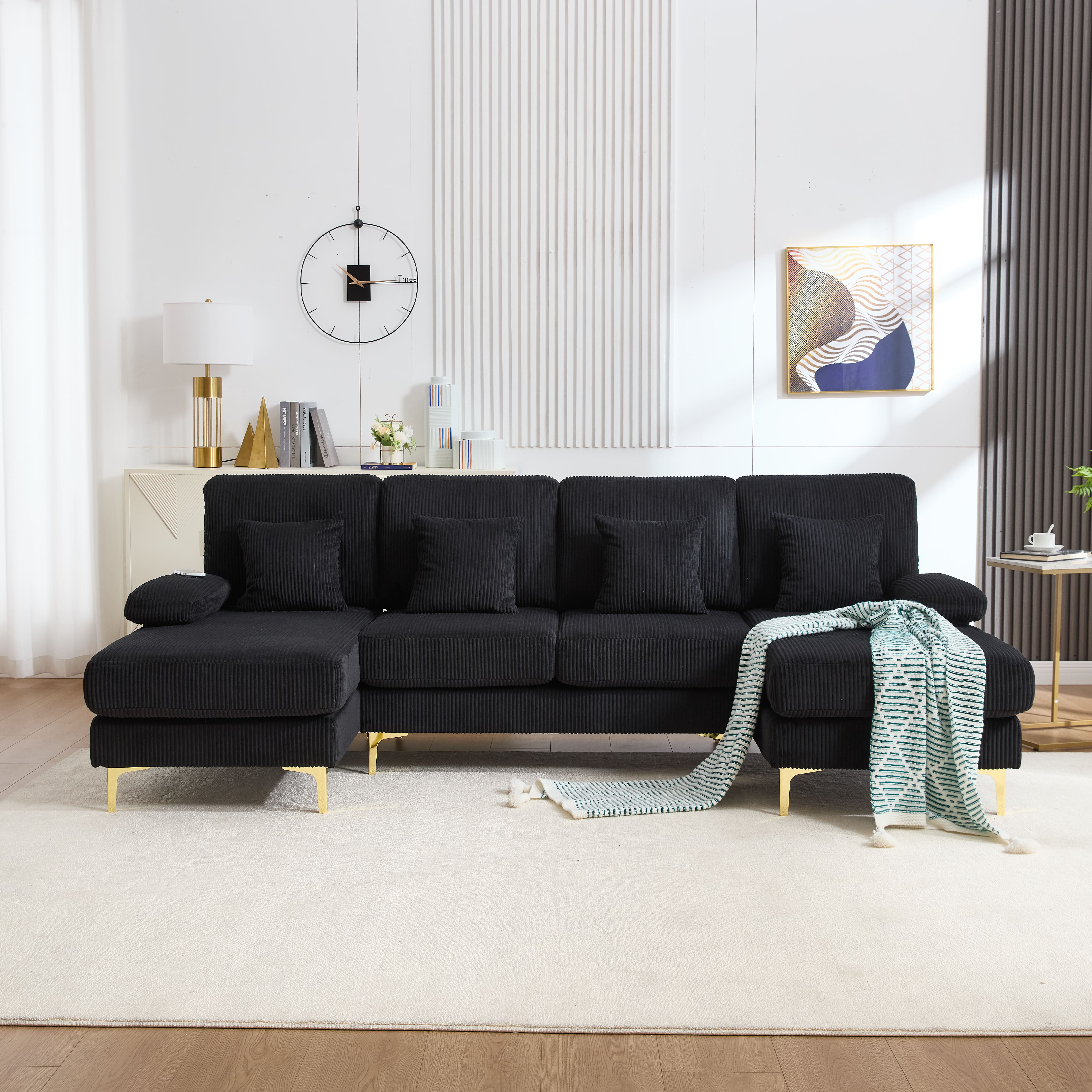 Canapé U moderne - 4 coussins luxueux, cadre en bois massif, éclairage ...