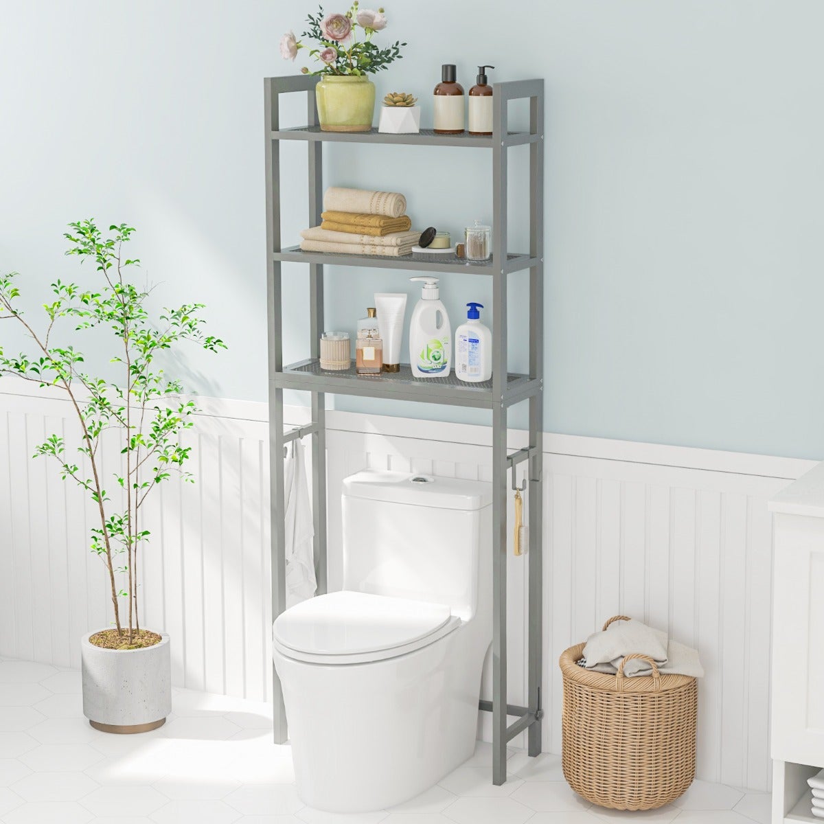 Estantería Baño sobre Inodoro Metal 3 Niveles Ganchos Gris 63x265x170 ...