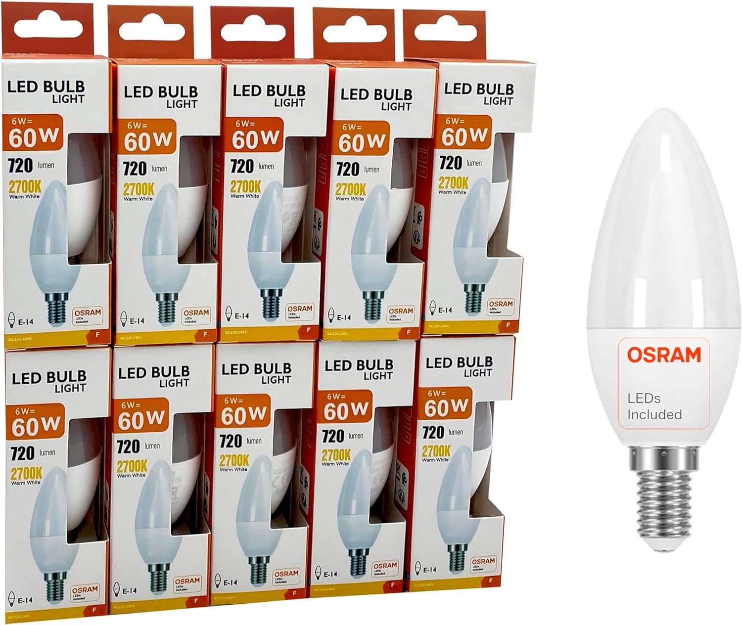 Lot 10 Ampoules Bougies LED E14 6W 720Lm Osram Chip, 220V, angle 180º, lumière chaude 2700K ...