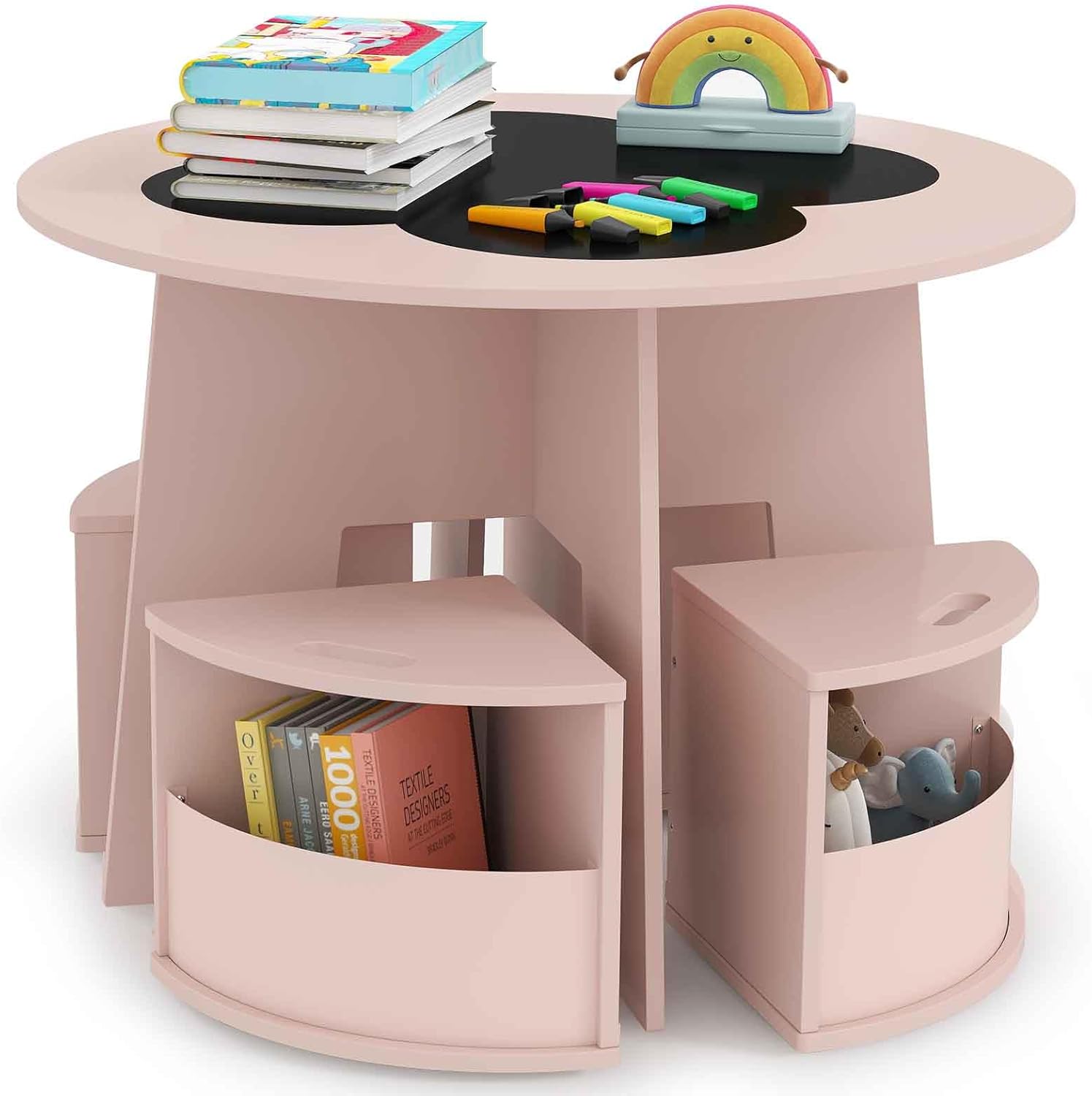 Table Enfant avec 4 Chaises Empilables et Tableau Noir en Forme Fleur ...