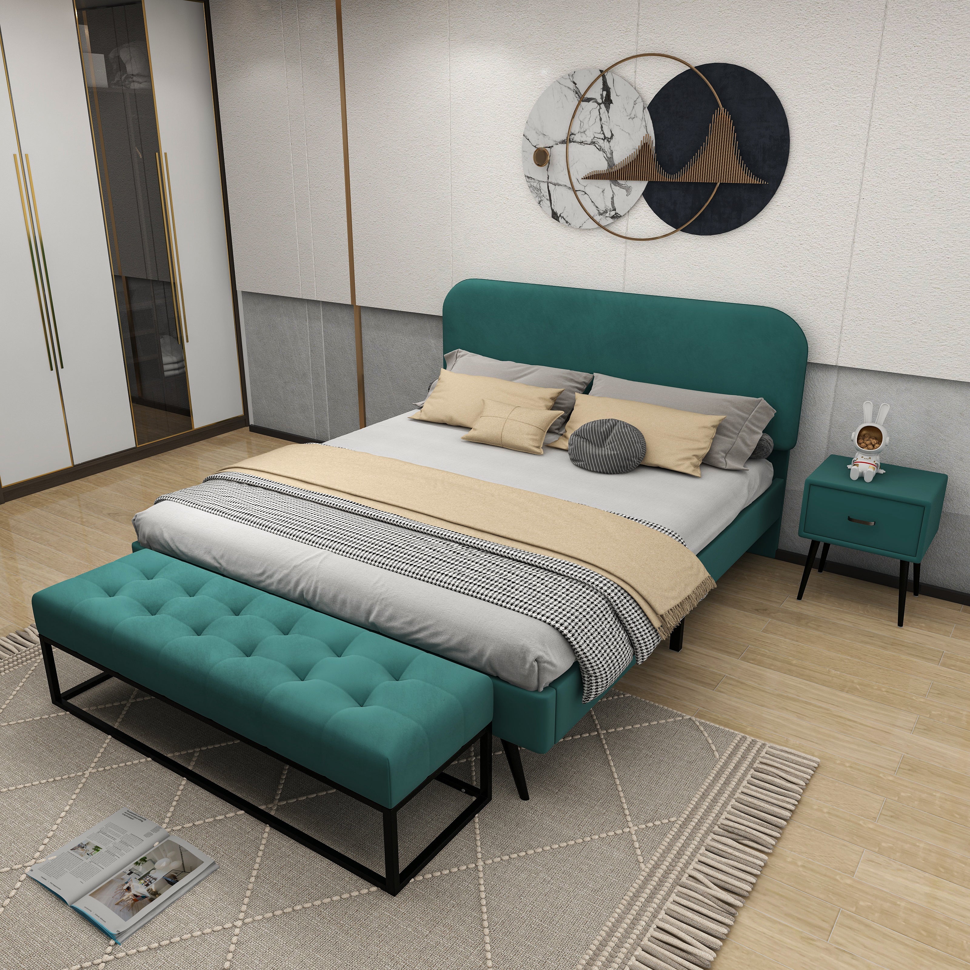 Lit double au design moderne + 1x table de chevet + tabouret de lit ...