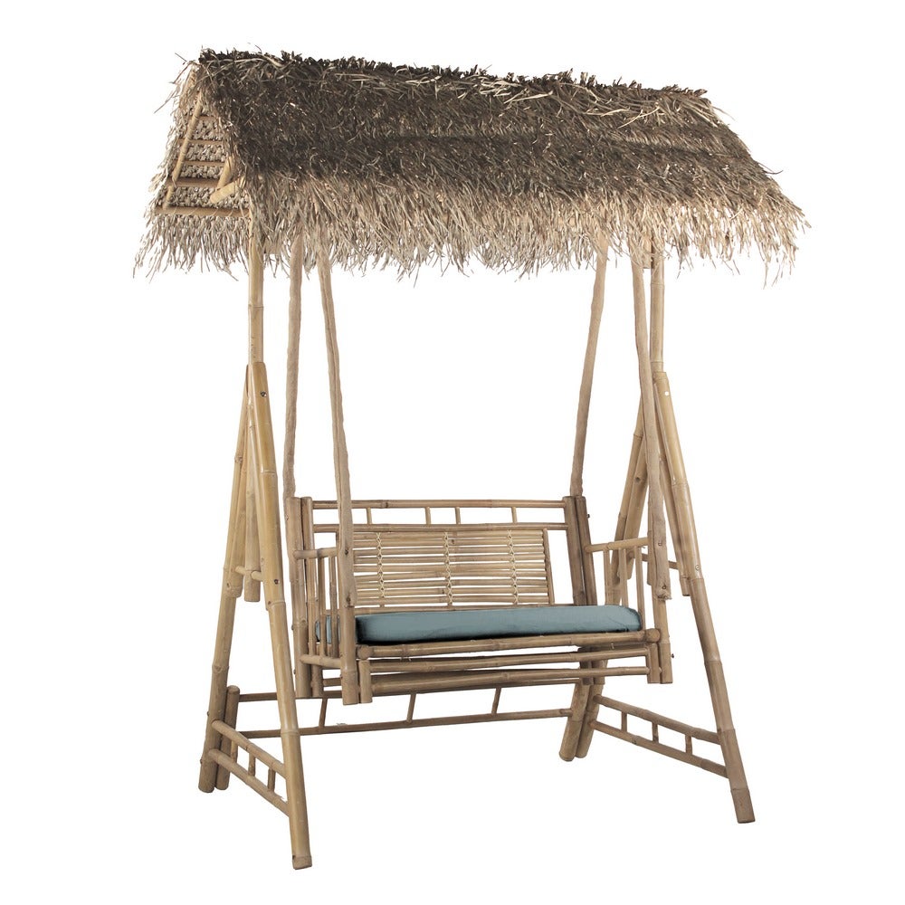 Columpio de bambú con techo de palmera y cojín azul 135x99x202 cm ...