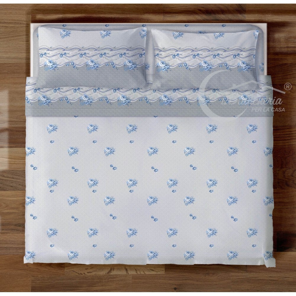 FEUILLES COMPLÈTES FIORE Azzurro en pur coton fabriqué en Italie 2 ...