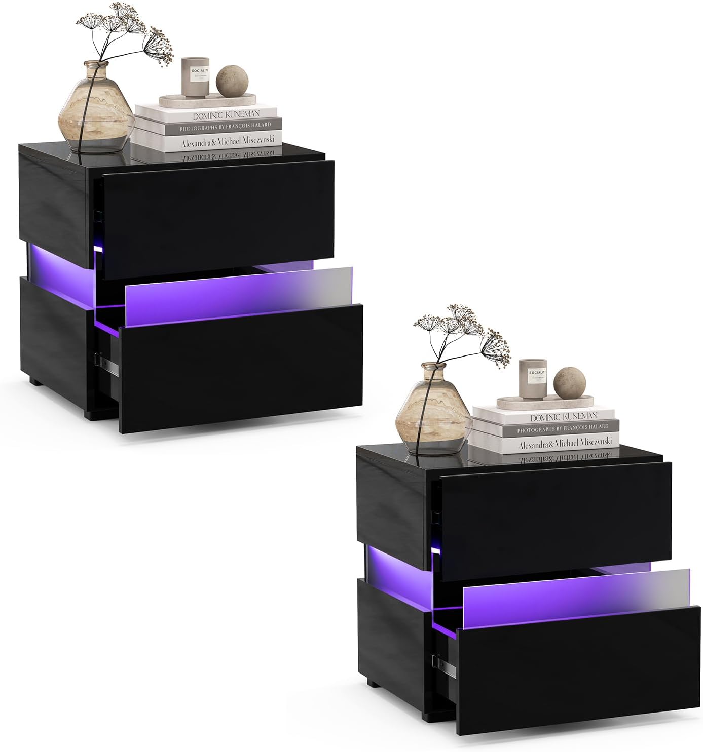 Mesita de Noche LED con Cajones, Mesilla de Noche con Control Remoto y 22 Modos Dinámicos, 10 ...