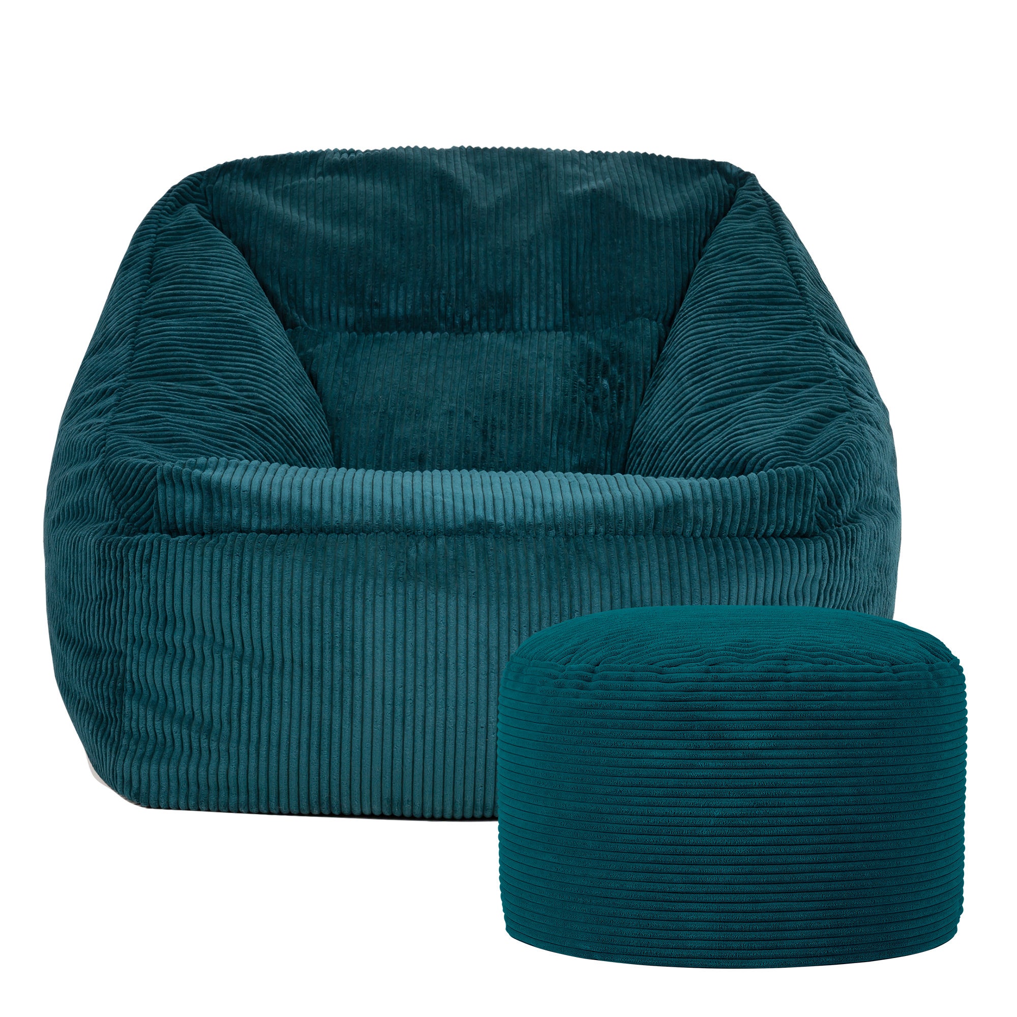 Pouf fauteuil avec repose-pied rond Icon velours côtelé bleu canard ...