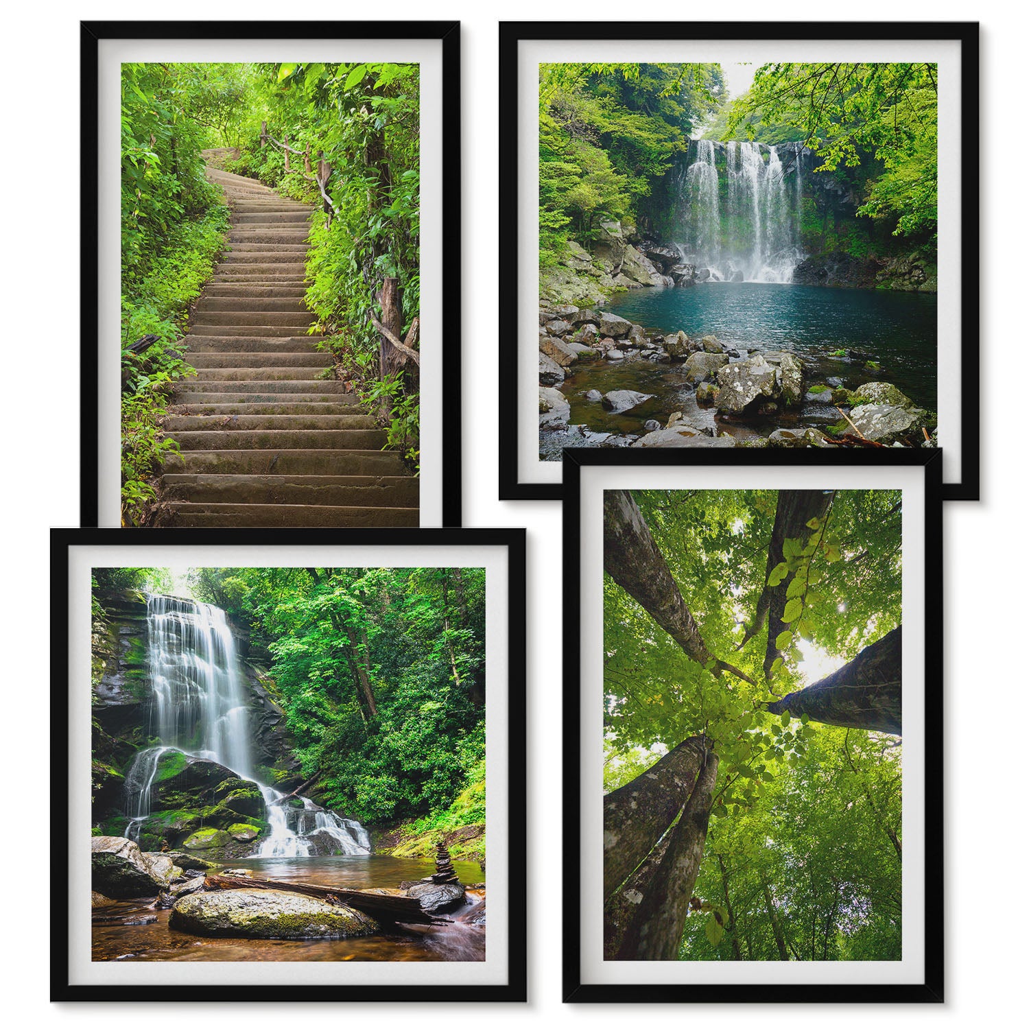 Ensemble de 4 tableaux encadrés | Sentier forestier avec cascade et ...