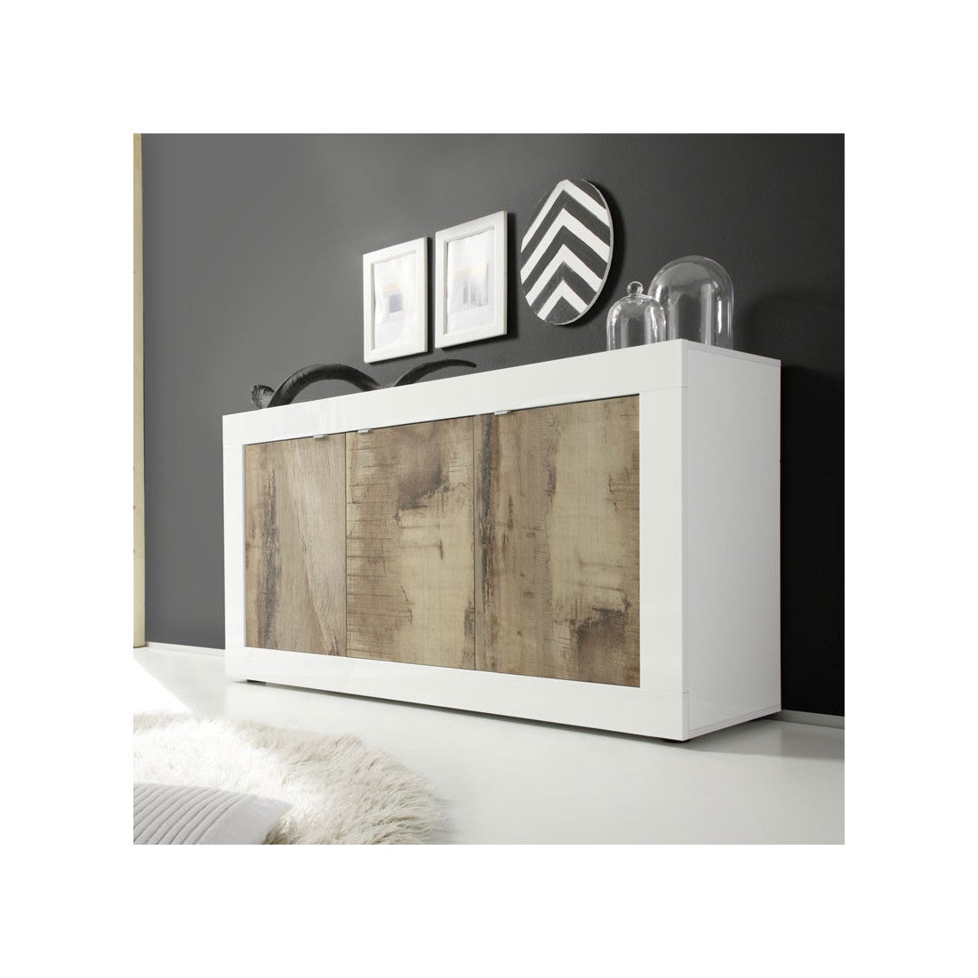 Buffet 3 portes Blanc/Planches bois - MATERA | Leroy Merlin