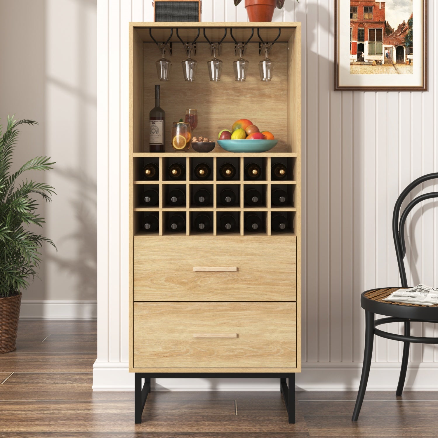 Buffet, élégant meuble à vin avec 2 tiroirs, 18 compartiments et porte ...