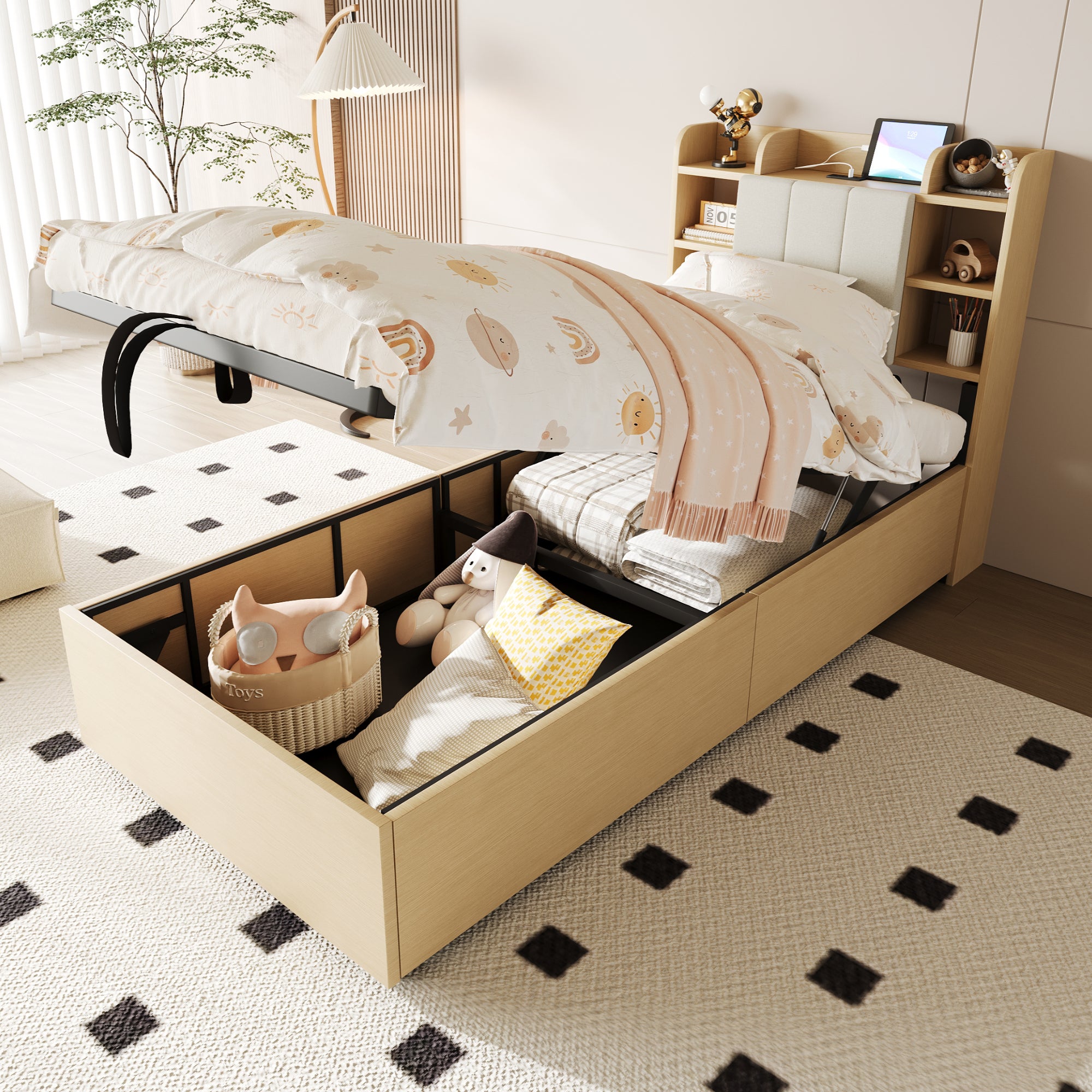 Lit en bois 90 x 200 cm - Lit hydraulique, tête de lit avec rangement ...