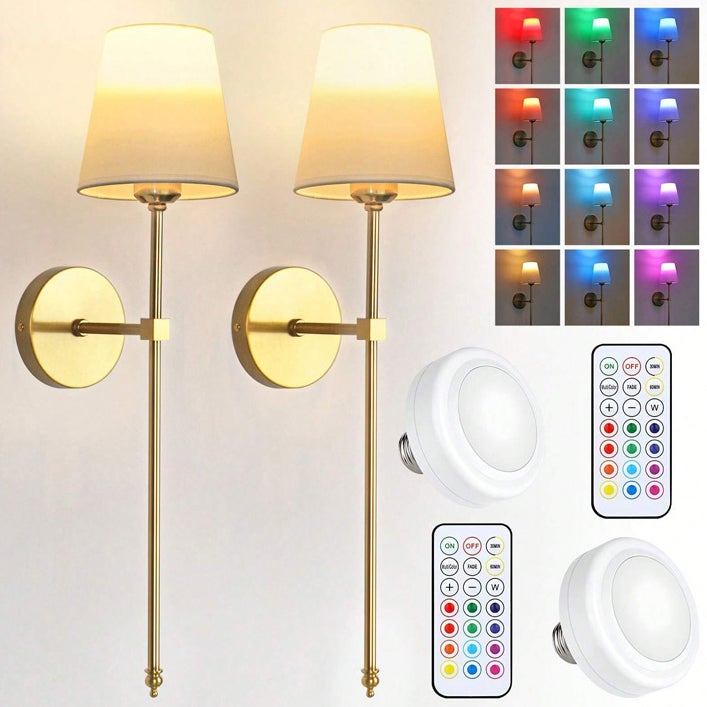 Battery Operated Wall Light with Remote Control, 2 Dimmable Wall Lights ...