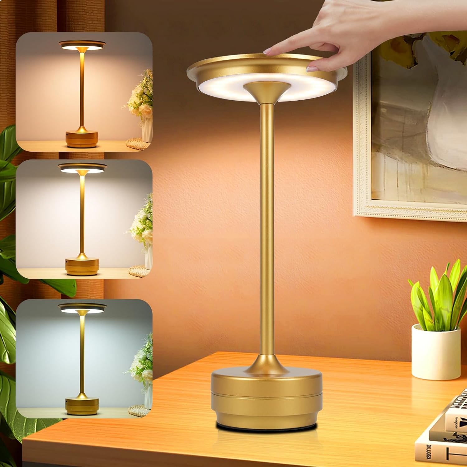 Lampe de chevet tactile, chargement USB sans fil, 3 couleurs d'éclairage, 1200 mAh (doré ...