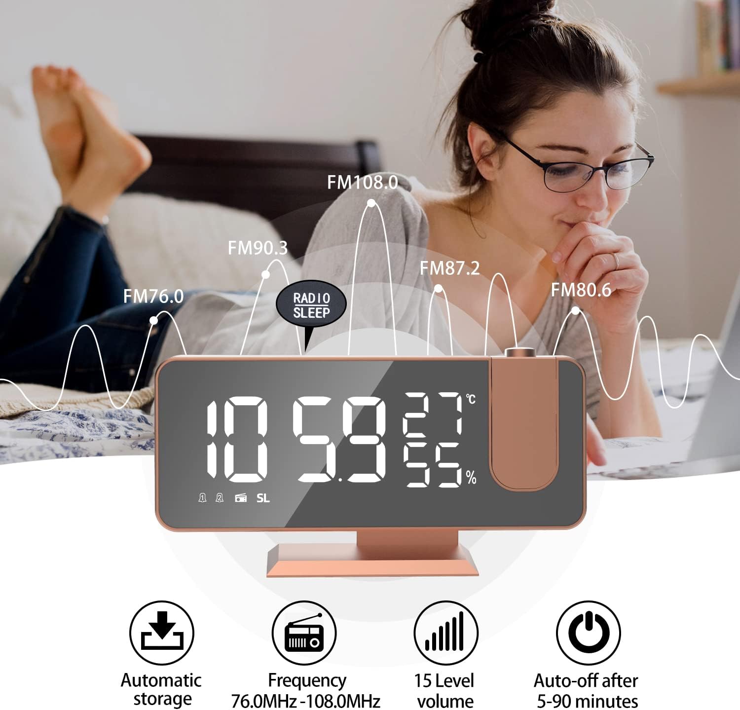 Radio Réveil Projection Plafond 180°, Écran LED 7" Miroir, USB, Double ...