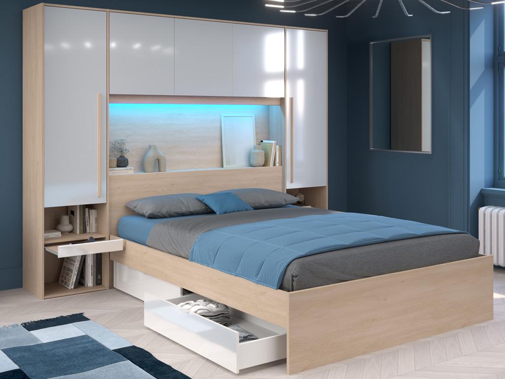 Lit pont 160 x 200 cm avec rangements - avec LEDs - Coloris : Naturel ...