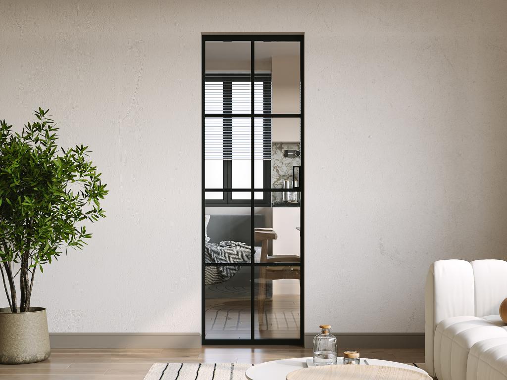 Porte coulissante avec système à galandage en aluminium et verre trempé ...