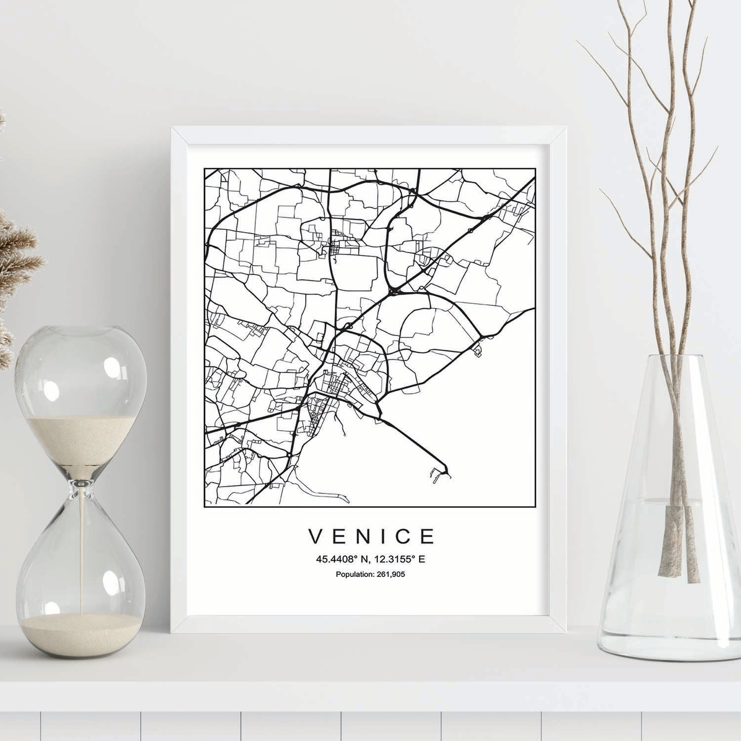 Lámina Mapa De La Ciudad Venice Estilo Nordico En Blanco Y Negro. Sin ...