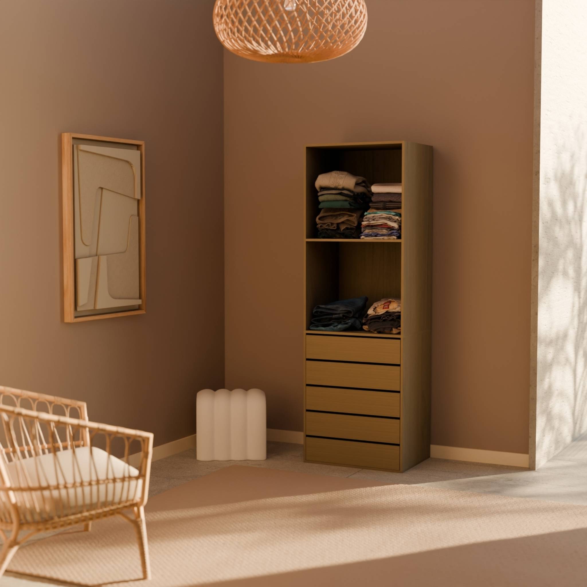 Module dressing avec 5 tiroirs et 2 étagères. naturel. panneaux ...