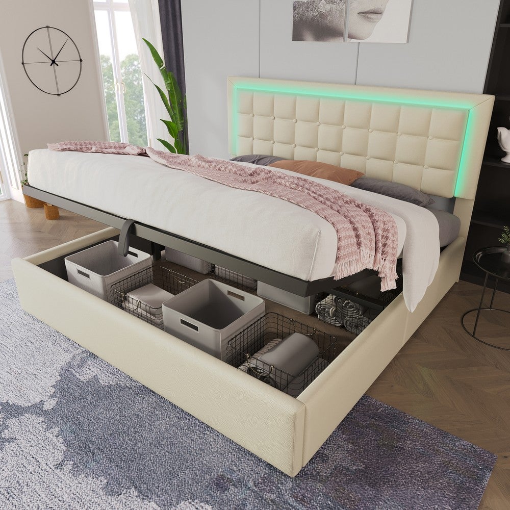 Cama tapizada 160x200 con somier, almacenamiento, LED y cabecero ...