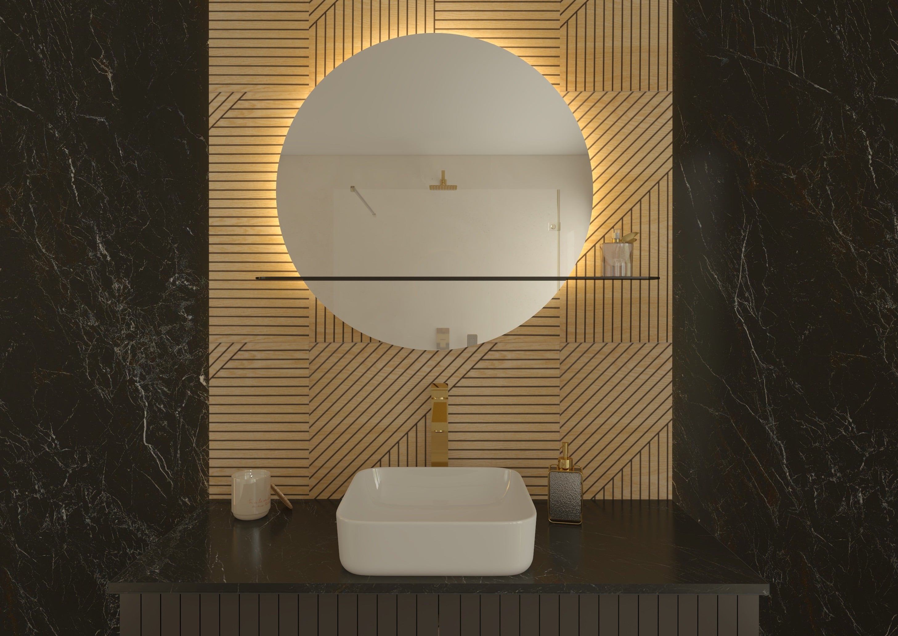 Round Shelf Line espejo con LED, sin marco con estante de aluminio lacado sobre negro mate ...