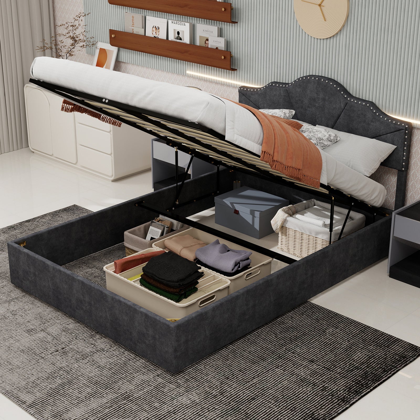 Lit Moderne Minimaliste Moelleux Gris 160x200 cm - Tête de Lit ...
