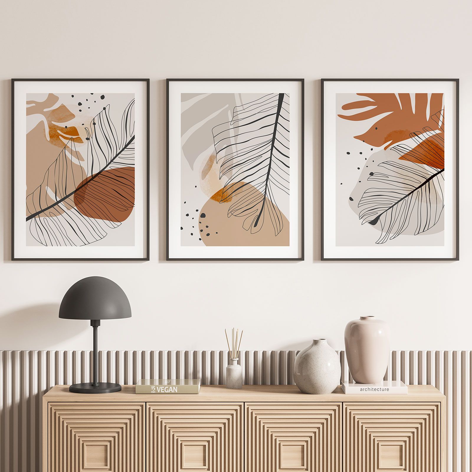 Lot de 3 Affiches / Posters Triptyque - Feuilles - Bordure Noire et ... Lot de 3 Affiches / Posters Triptyque - Feuilles - Bordure Noire et ...