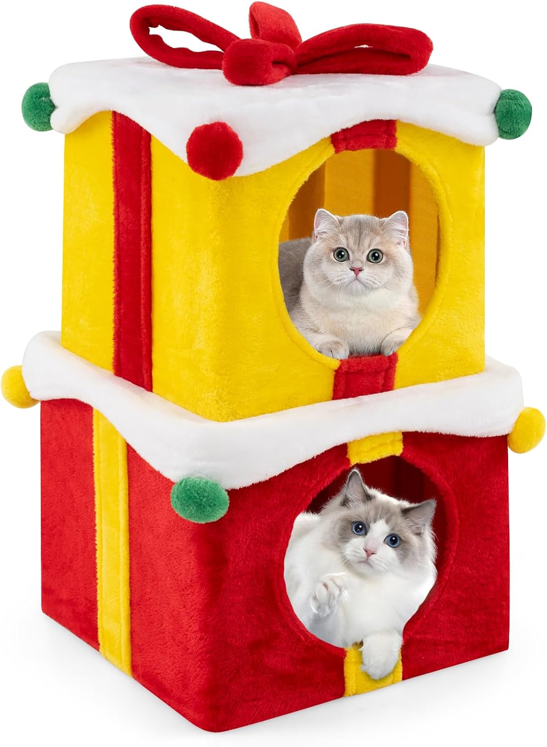 COSTWAY Maison pour Chat de Noël à 2 Etages, 2 Condos Empilables en Forme de Boîte Cadeau, Tour ...
