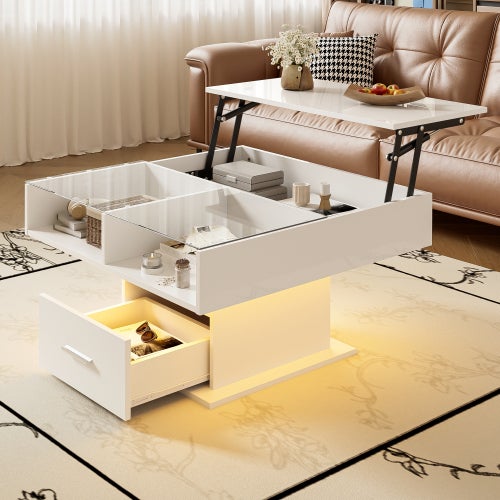 Mesa baja 78x78x45,5-59,5 cm con 1 cajón, LED, placa elevable, color ...