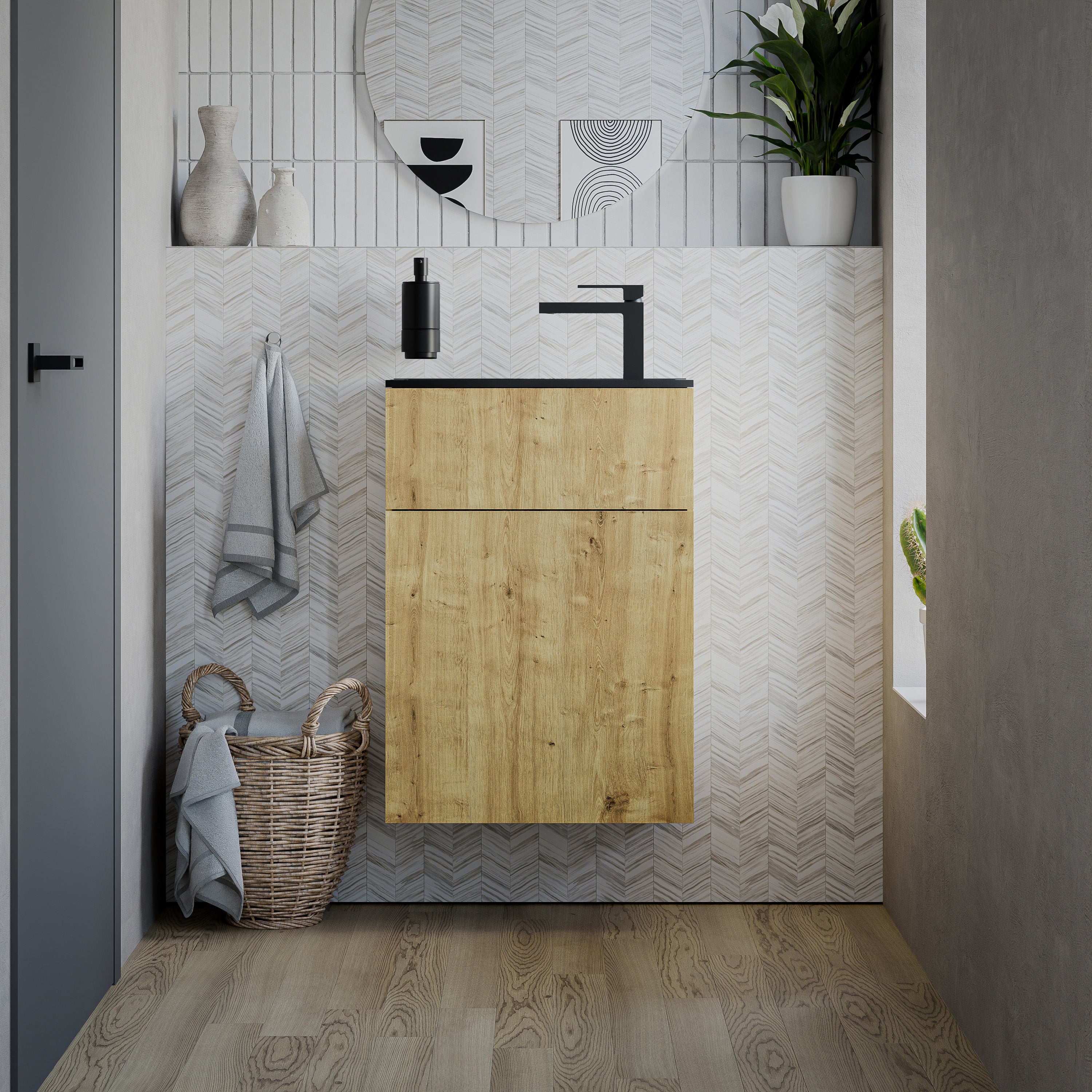 BERNSTEIN Mueble lavabo suspendido MDF roble miel + lavabo negro mate ...