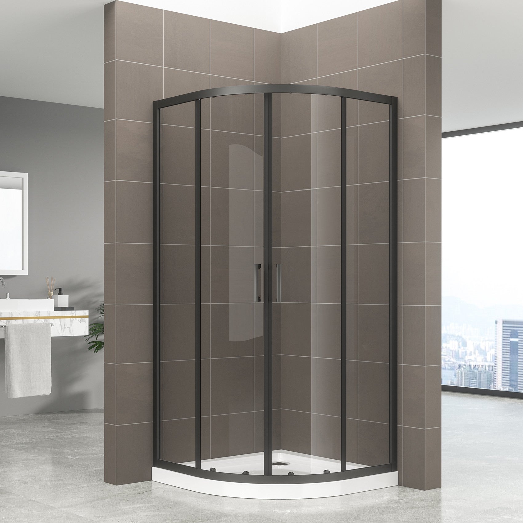 TIBYBLACK Cabine porte de douche coulissante H 190 cm 1/4 de cercle noir verre transparent 90 x ...