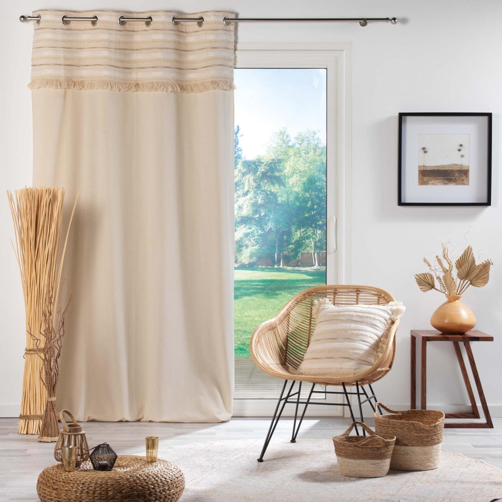 Rideau au top tissé et frangé - Naturel - 140x240 cm - Coton | Leroy Merlin